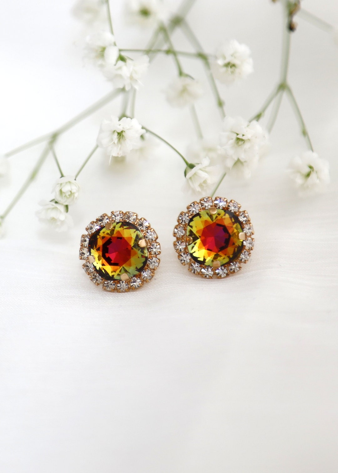 Multi Color Stud Earrings, Green Pink Gold Crystal Stud Earrings, Green ...