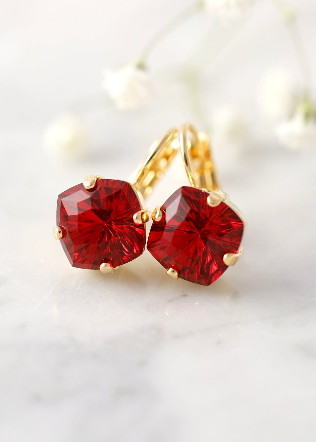 Garnet Crystal Drop Earrings, Red Garnet Drop Crystal Earrings, Bridal ...