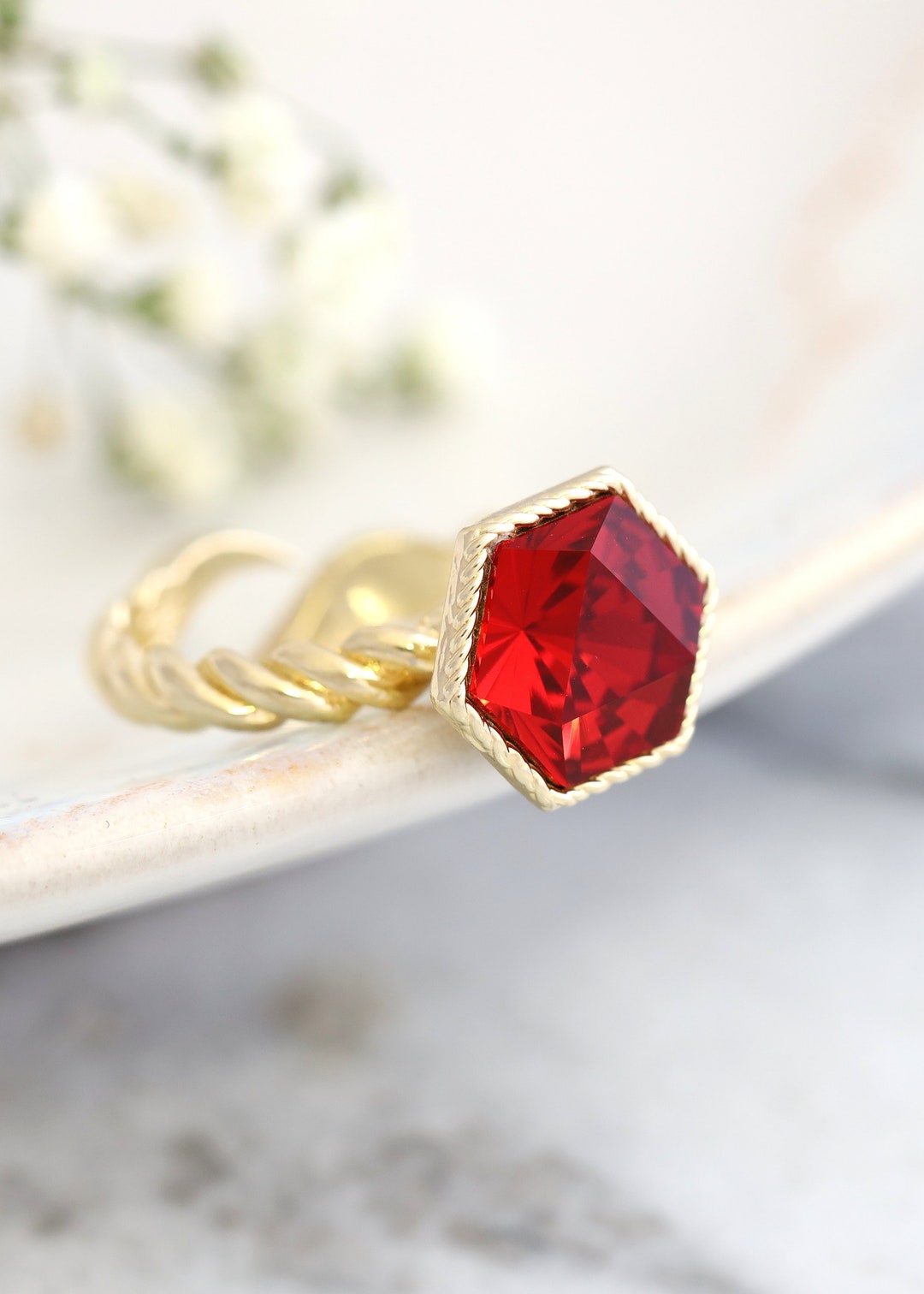 Cocktail Ring, Modern Crystal Red Ring, Red Ruby Crystal Gold Ring ...