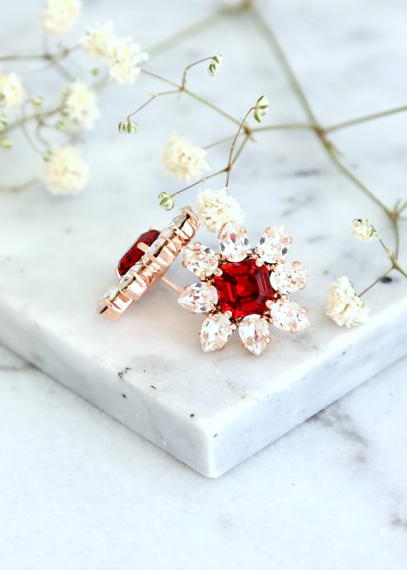 Red Ruby Earrings, Bridal Red Cluster Crystal Earrings, Bridal CLASSIC ...