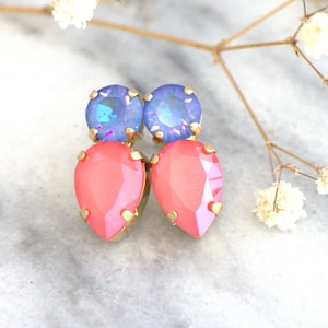 Coral Earrings, Coral Blue Crystal Stud Earrings, Gift for Her, Orange ...