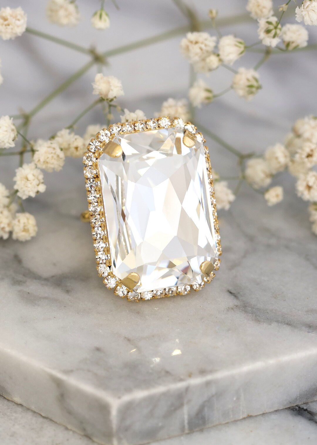 Cocktail Crystal Ring, Emerlad Cut Ring, Statement Gold Crystal Ring ...