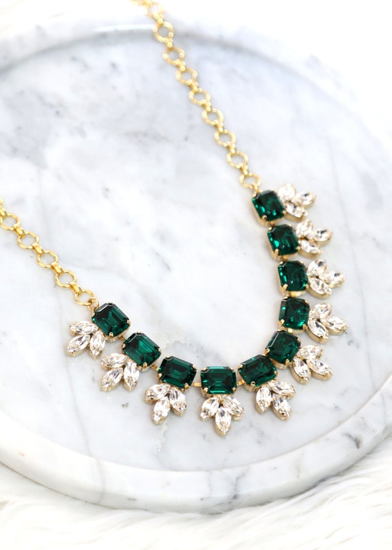 Emerald Necklace Bridal Emerald Necklace Bridal Crystal Green Necklace Bridal Statement Emerald Necklace Crystal Choker Necklace Etsy