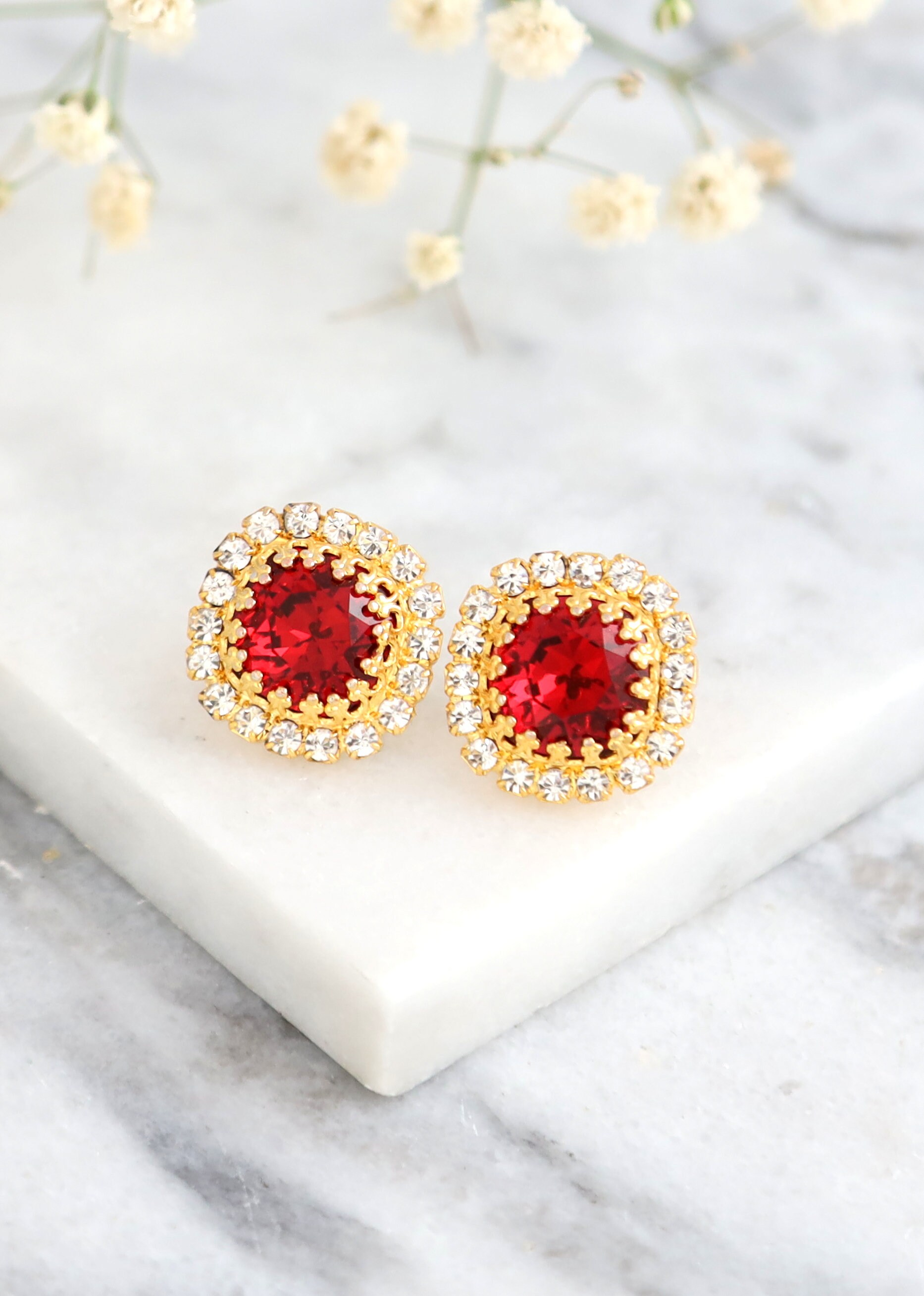 Red Gold Stud Earrings Scarlet Red Crystal Stud Earrings | Etsy