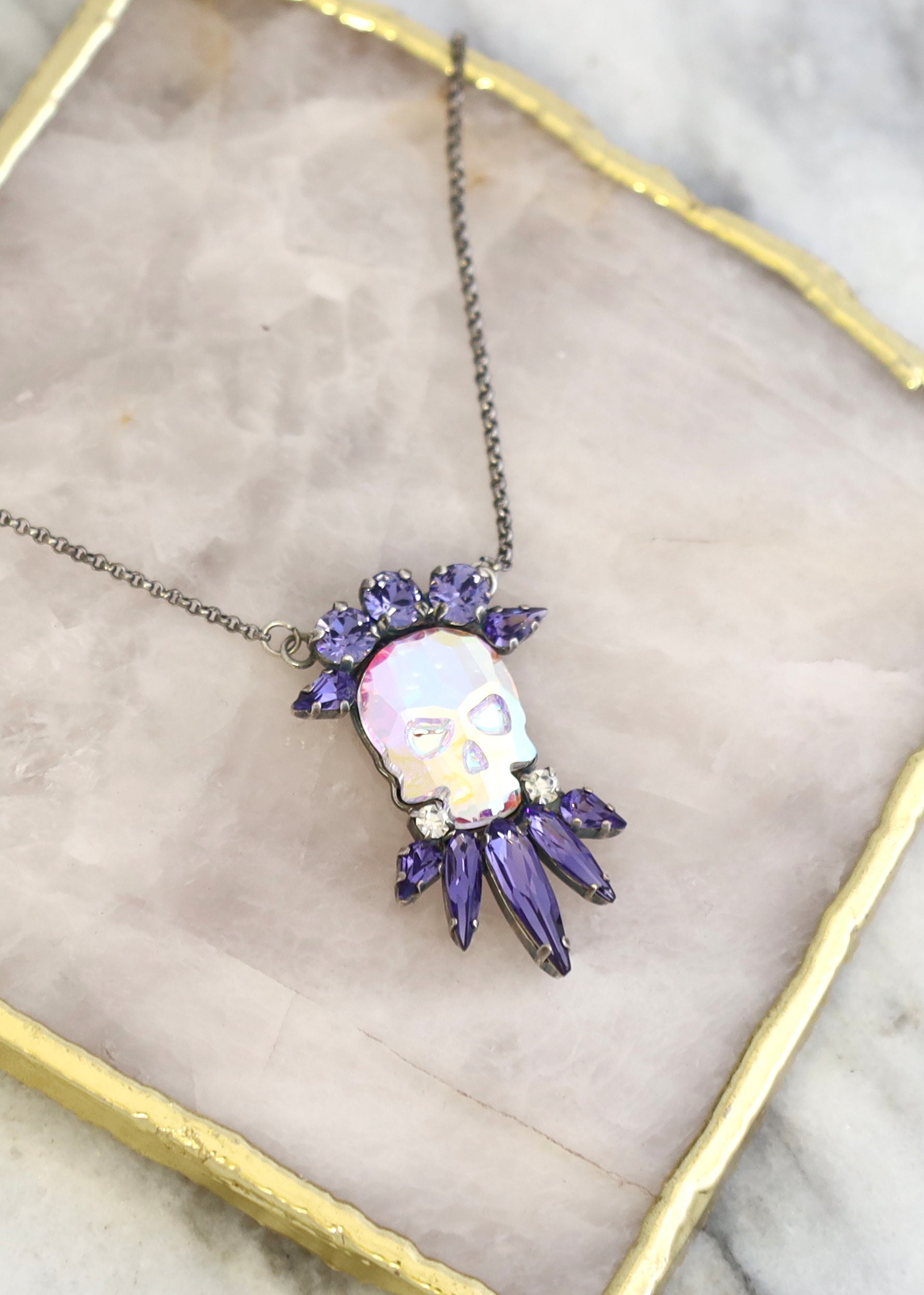 Skull Necklace Sugar Skull Purple Crystal Necklace Bridal | Etsy