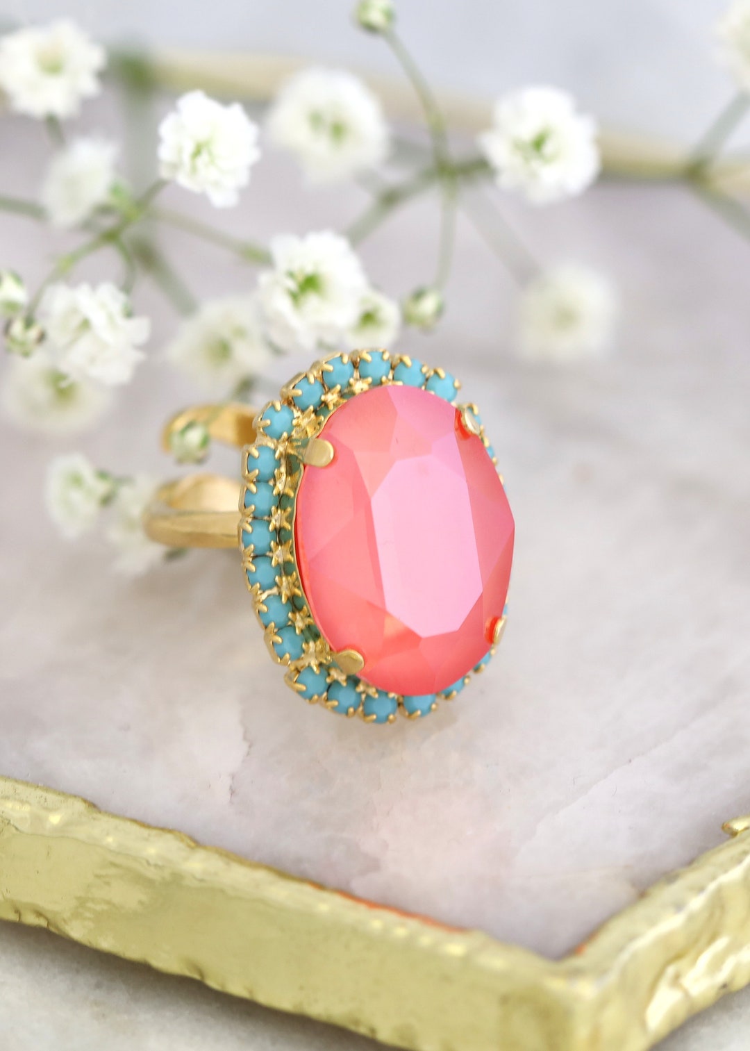 Coral Mint Ring, Orange Crystal Cocktail Ring, Coral Statement Crystal ...