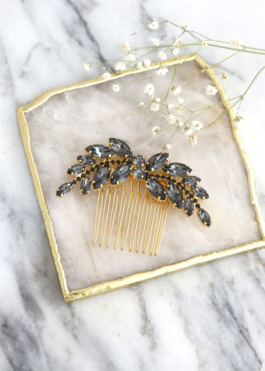 Bridal Gray Hair Comb, Dark Gray Bridal Hair Crystal Comb, Black Gold ...