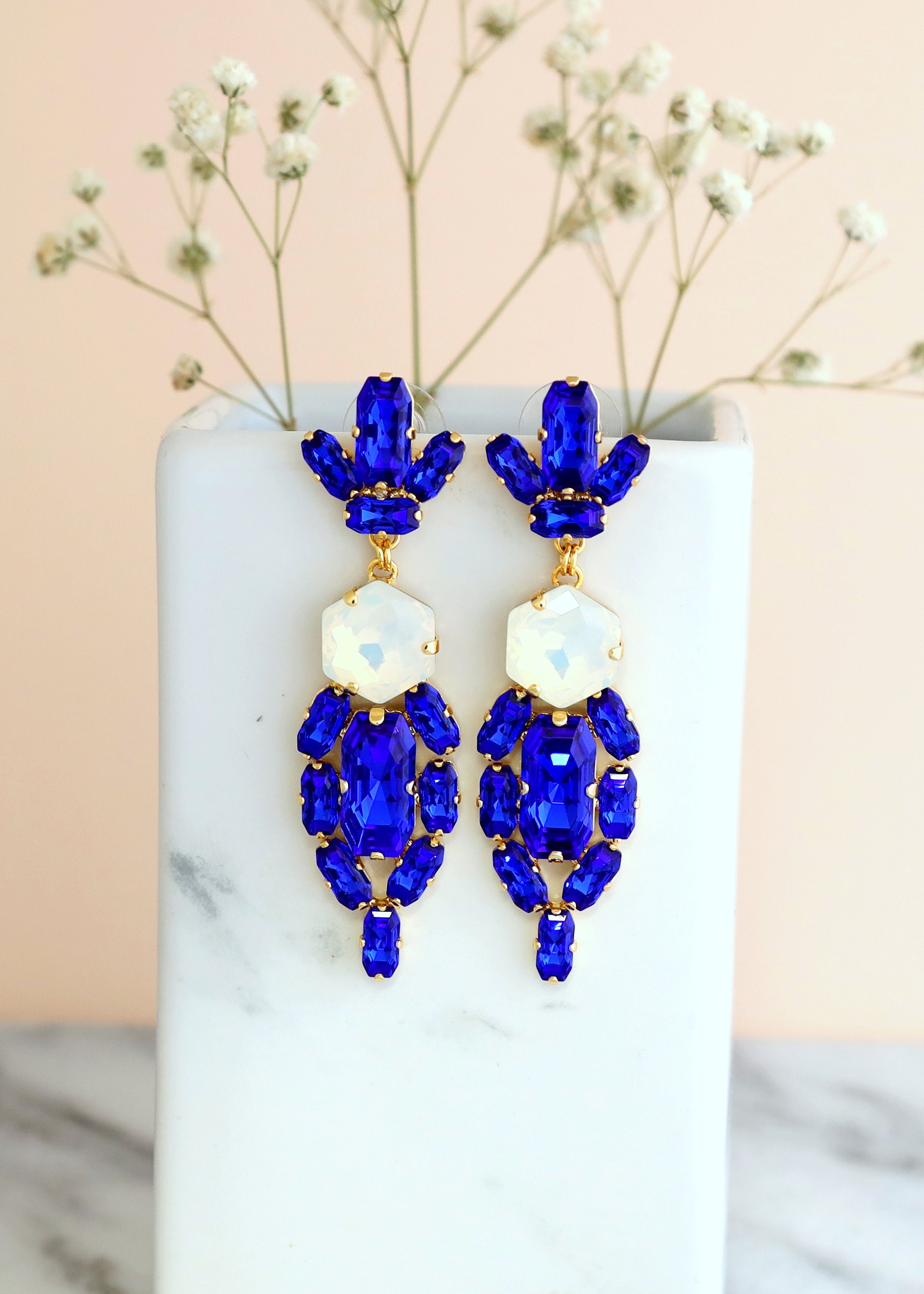 Blue Chandelier Earrings Bridal Blue Drop Earrings Royal | Etsy