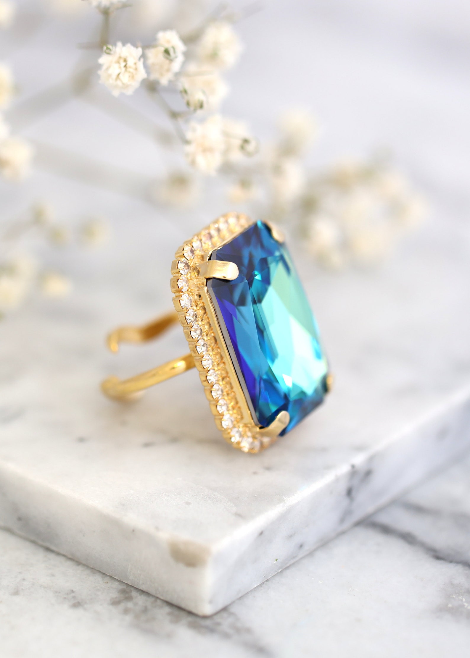 Cocktail Crystal Ring, Statement Blue Crystal Ring, Blue Gold Crystal ...