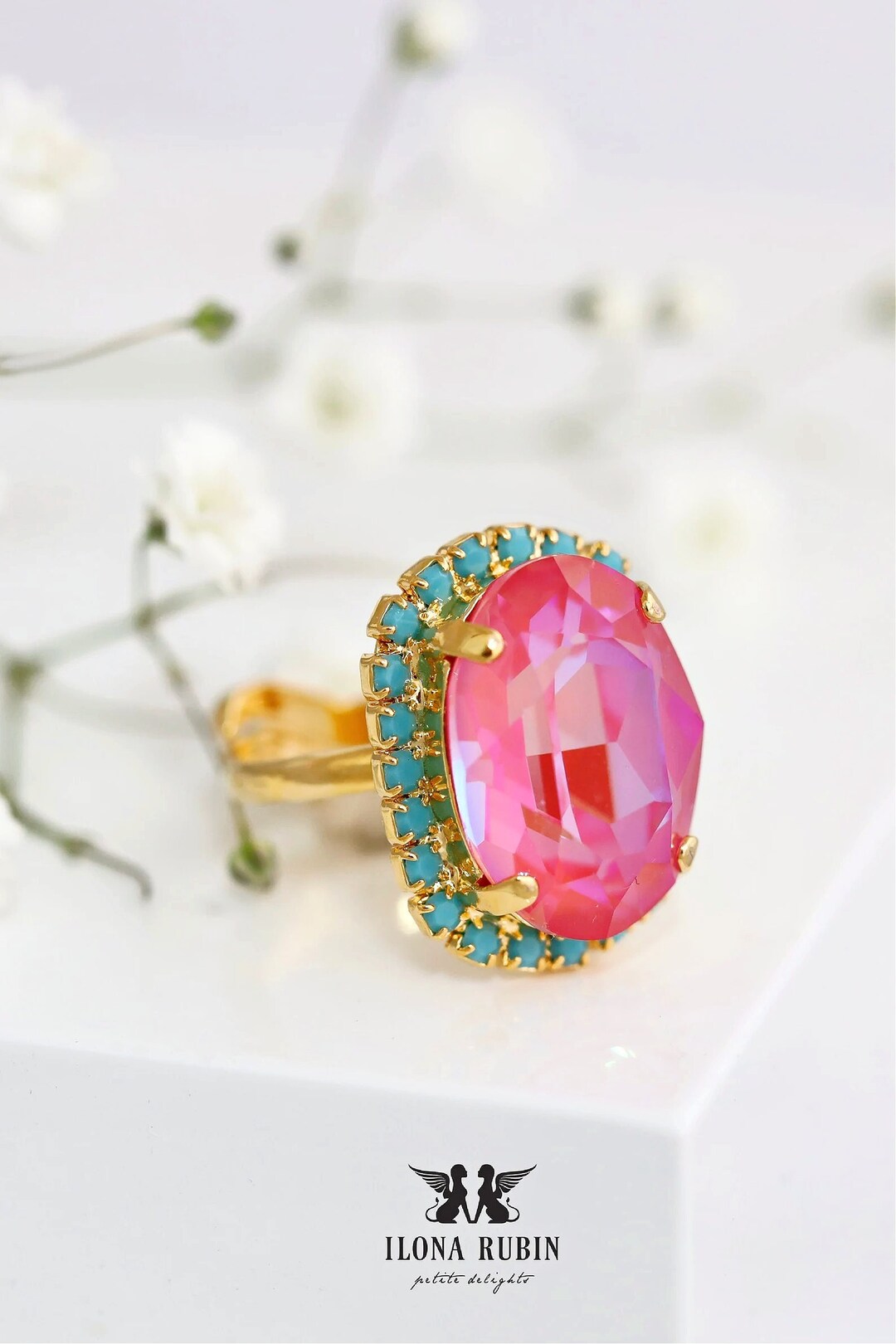 Pink Cocktail Ring, Hot Pink Crystal Cocktail Ring, Turquoise Pink ...