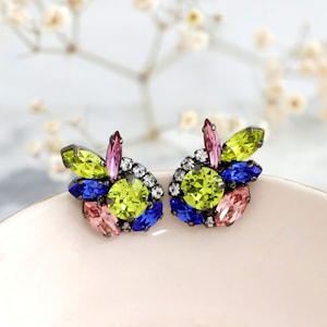 Multi Color Cluster Earrings, Bridal Blue Green Bridal Earrings, Green Pink Climbing Earrings ...