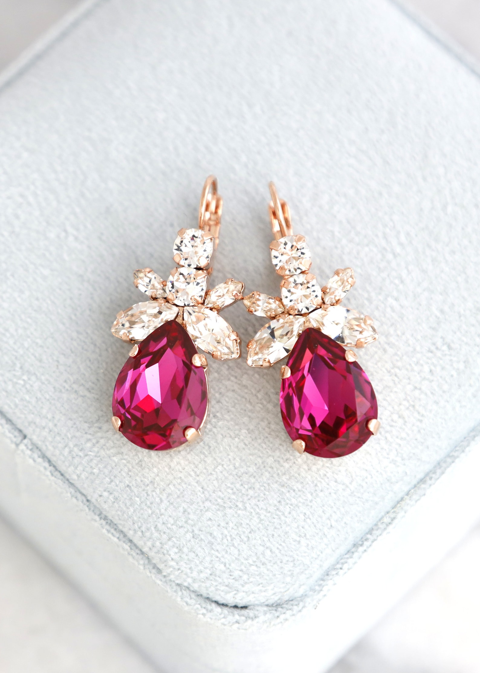 Hot Pink Earrings, Fuchsia Crystal Drop Earrings, Pink Silver Earrings ...
