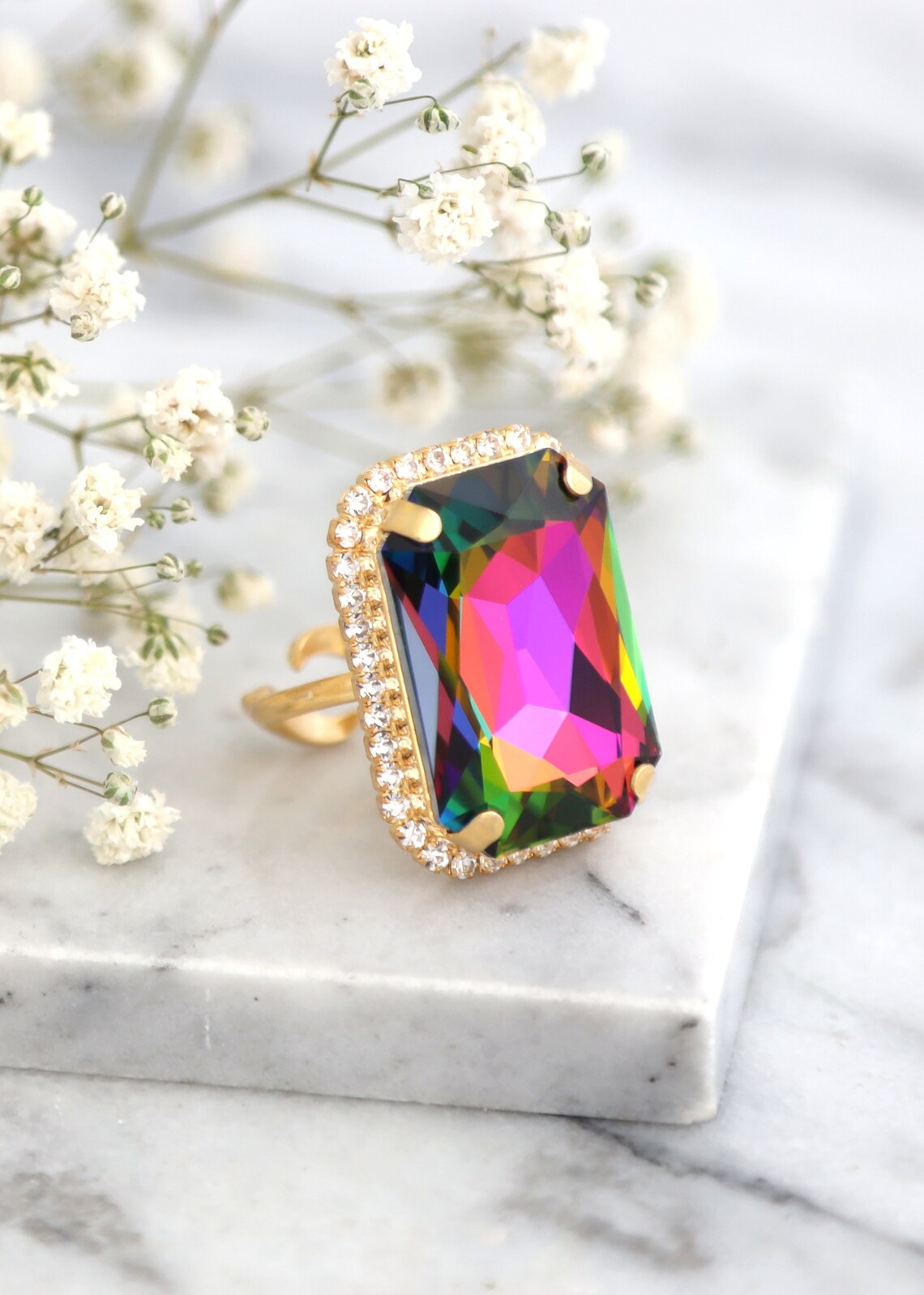 Cocktail Crystal Ring, Statement Rainbow Crystal Ring, Multicolor ...