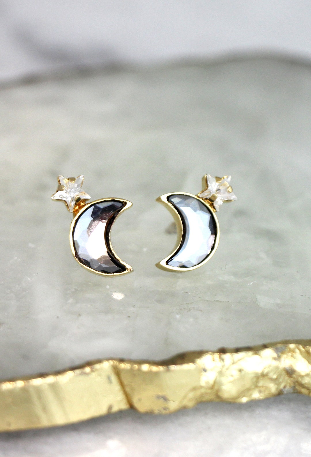 Crescent Moon Earrings, Moon Stars Stud Earrings, Moon Studs, Black ...