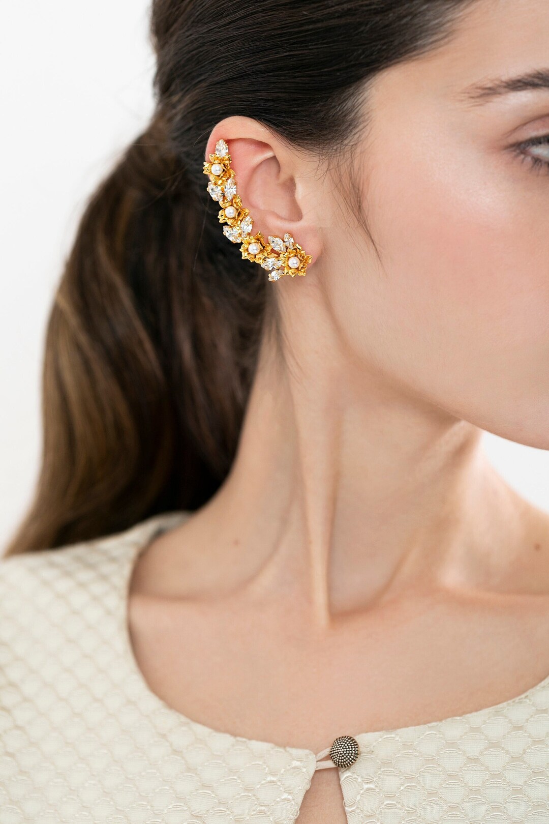 Crystal Flower Pearl Ear Climber Earrings, Handmade Bridal Ear Crawlers ...