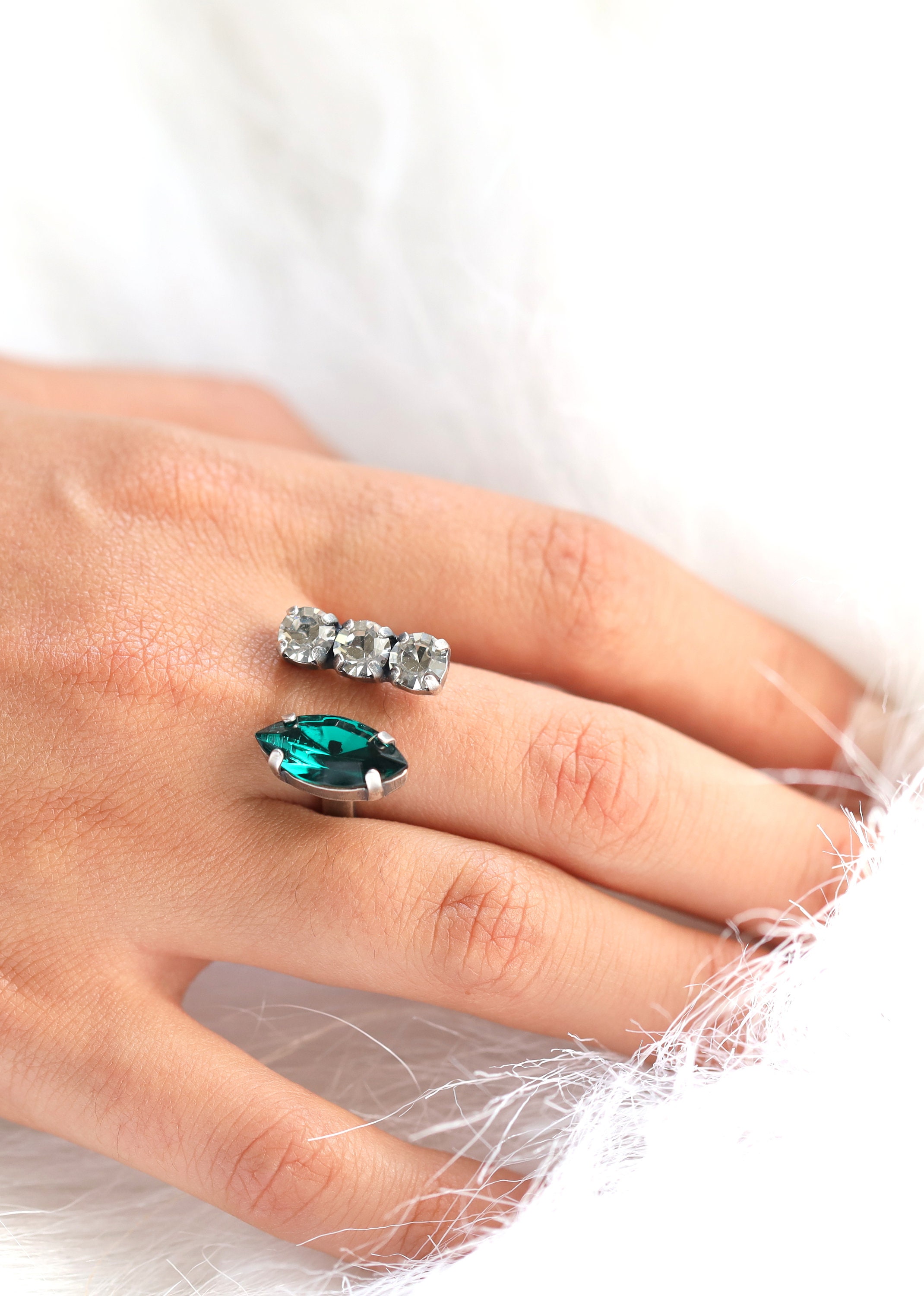 Emerald Crystal Ring, Emerald Cocktail Ring, Green Emerald Open Crystal ...