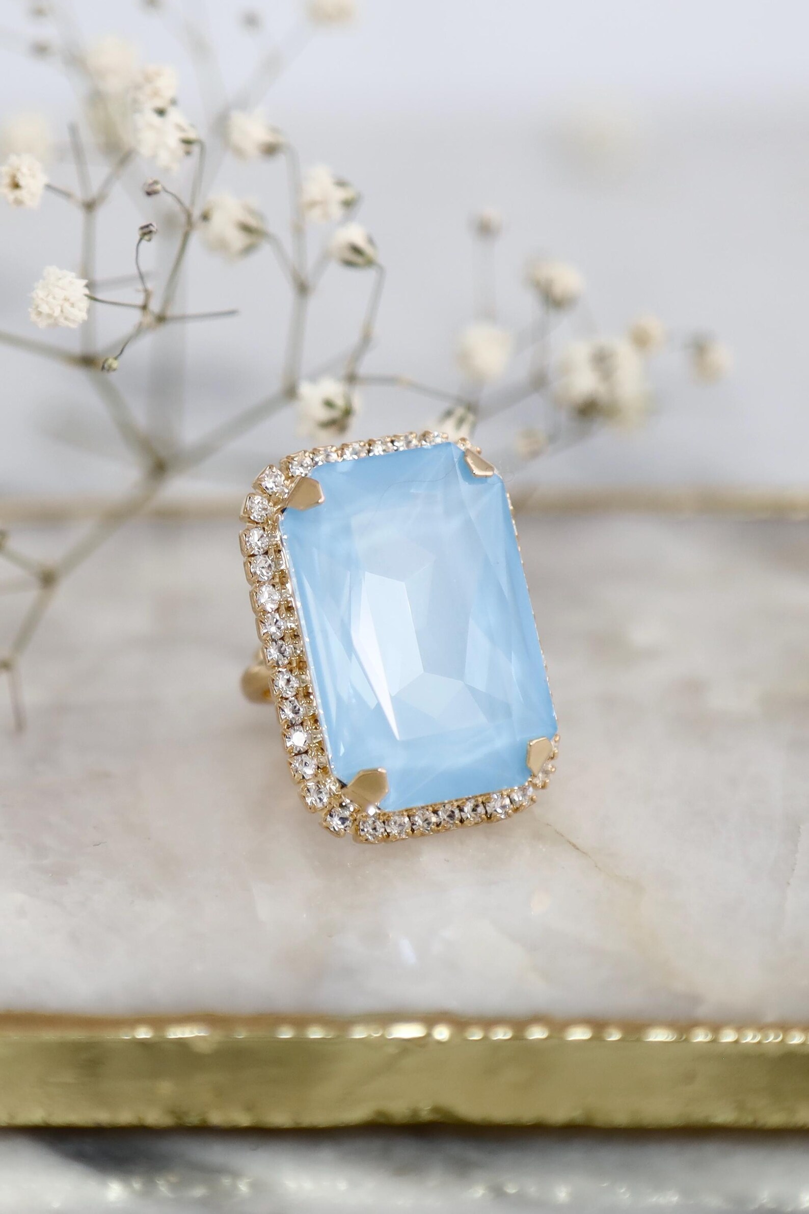 Blue Cocktail Crystal Ring, Light Blue Statement Crystal Ring, Sky Blue ...