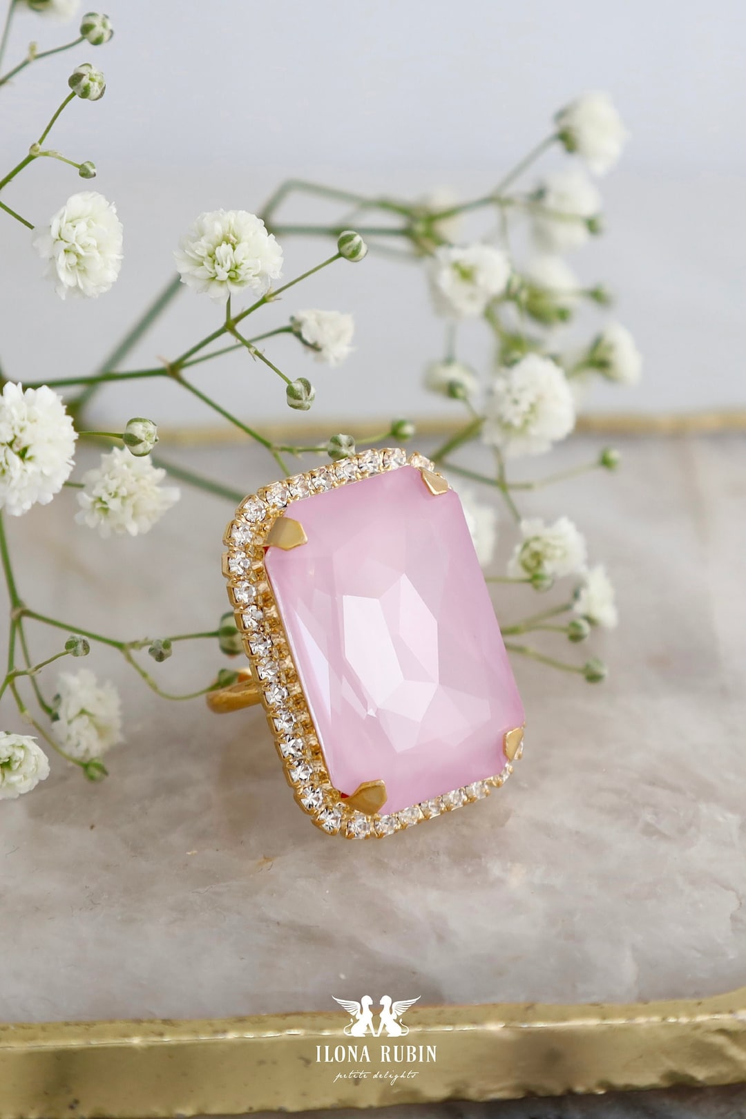 Pink Crystal Cocktail Ring, Cocktail Crystal Pink Ring, Light Pink ...