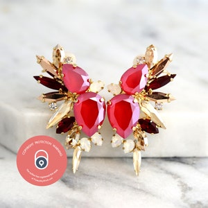 Red Statement Crystal Earrings, Bridal Red Crystal Earrings, Red Ruby ...