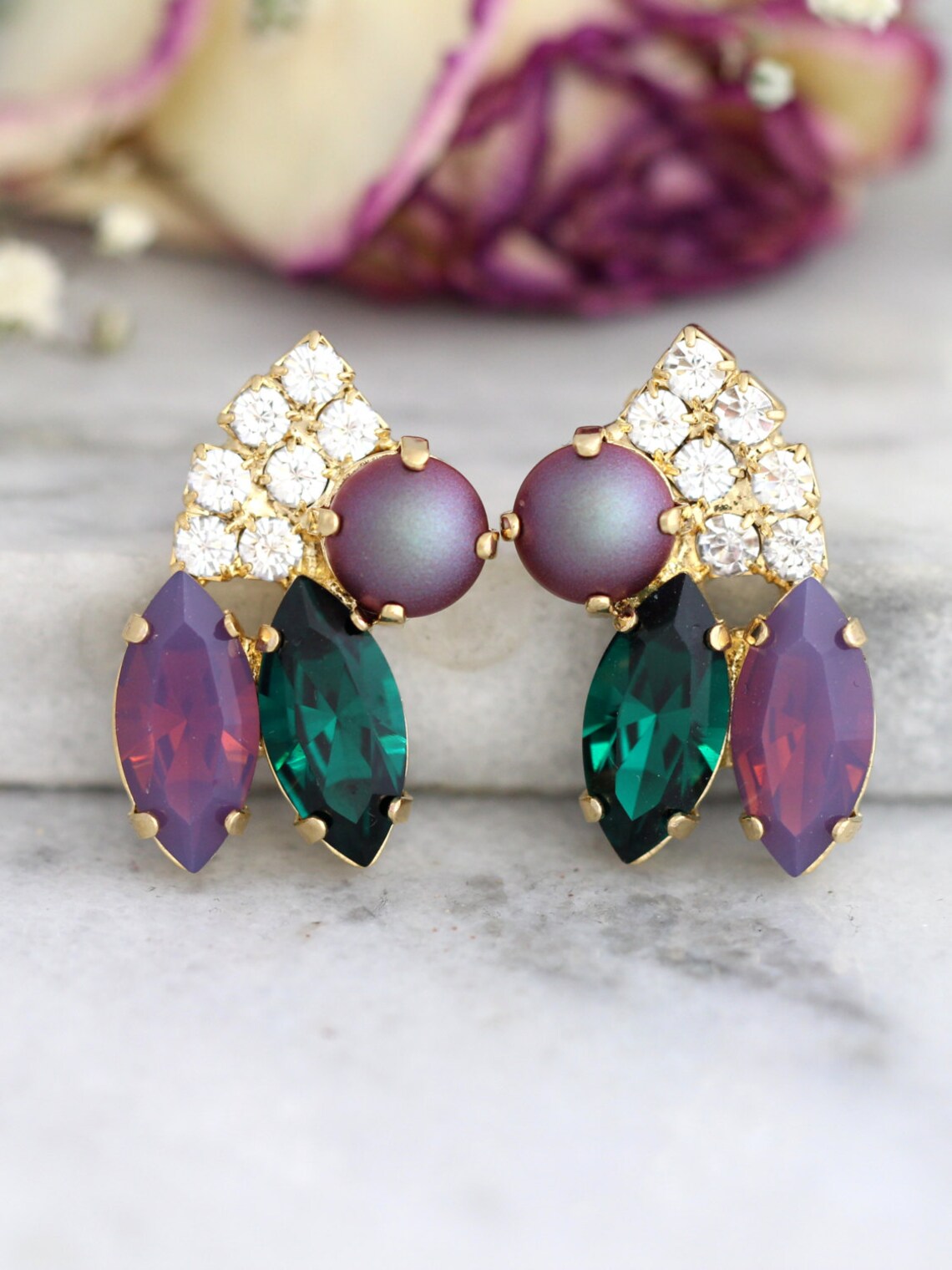 Emerald Purple Earrings Bridal Emerald Earrings Bridal Rose - Etsy Israel