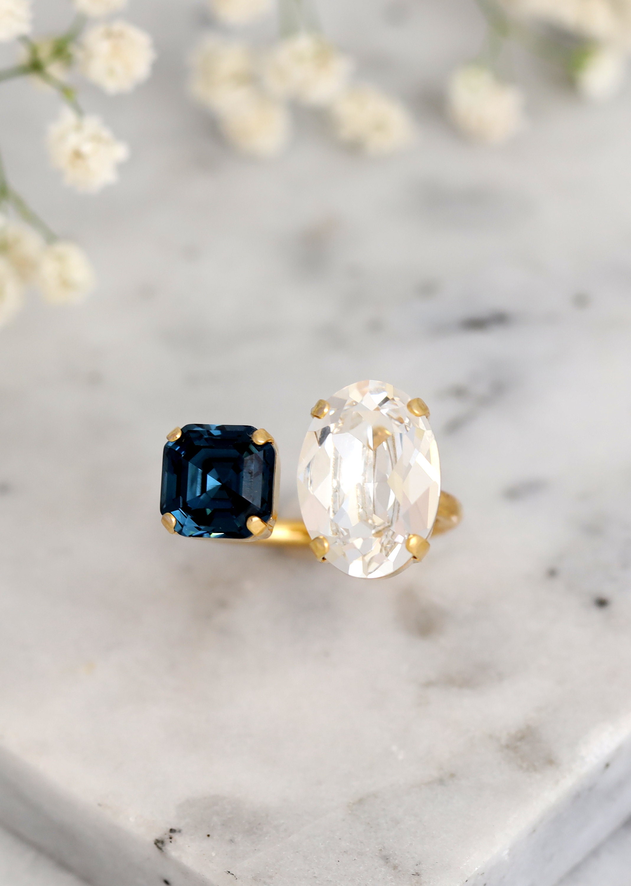 Cocktail Crystal Ring Crystal Gold Ring Sapphire Blue | Etsy