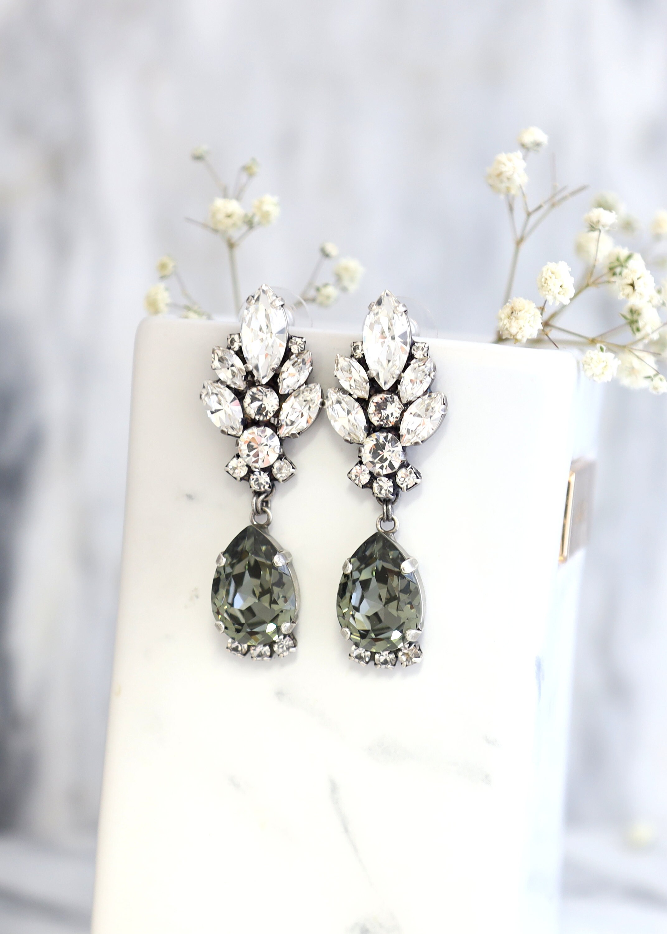Gray Chandelier Earrings, Dark Gray Long Earrings, Bridal Black Dangle ...