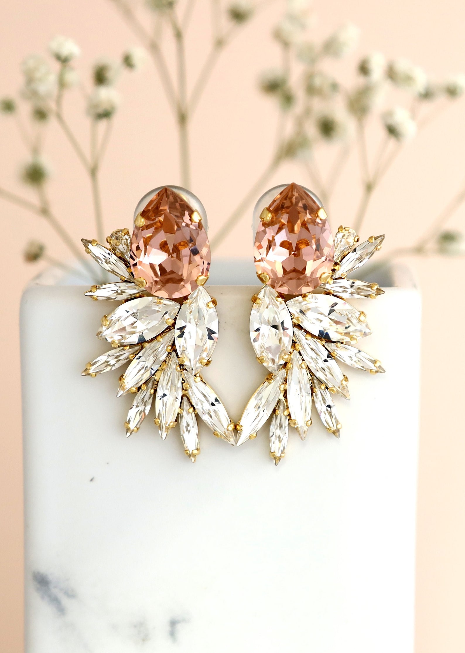 Blush Statement Earrings, Bridal Blush Clip on Earrings, Blush Rose ...