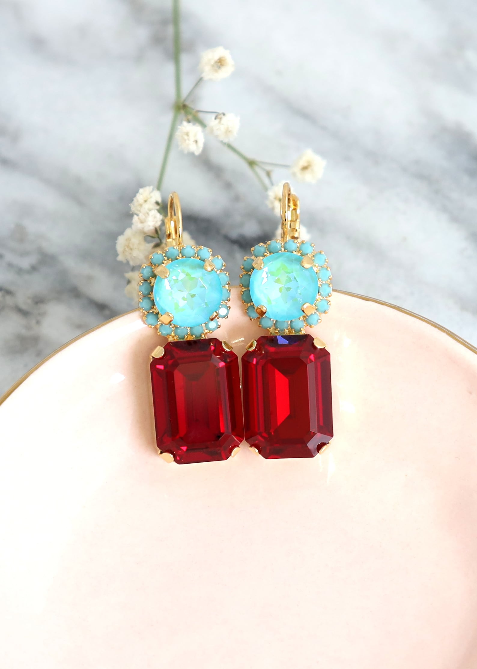 Red Ruby Drop Earrings Red Green Earrings Red Turquoise - Etsy