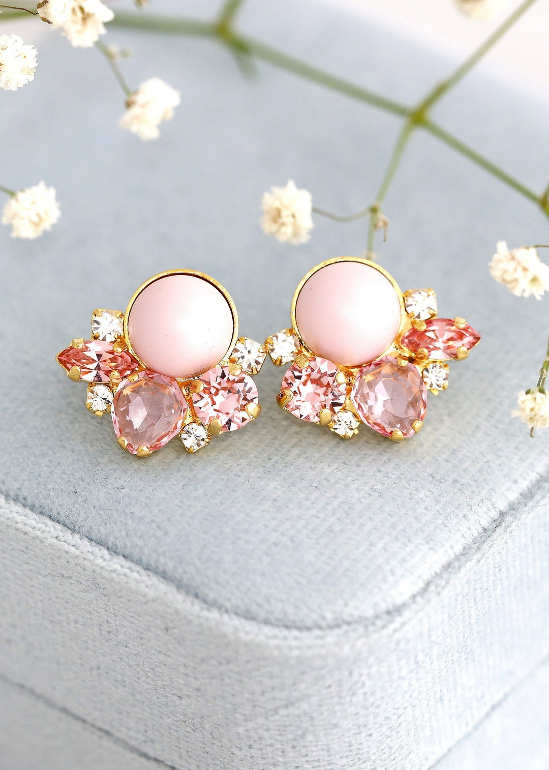 Powder Pink Crystal Cluster Earrings, Light Rose Exquisite Handmade ...