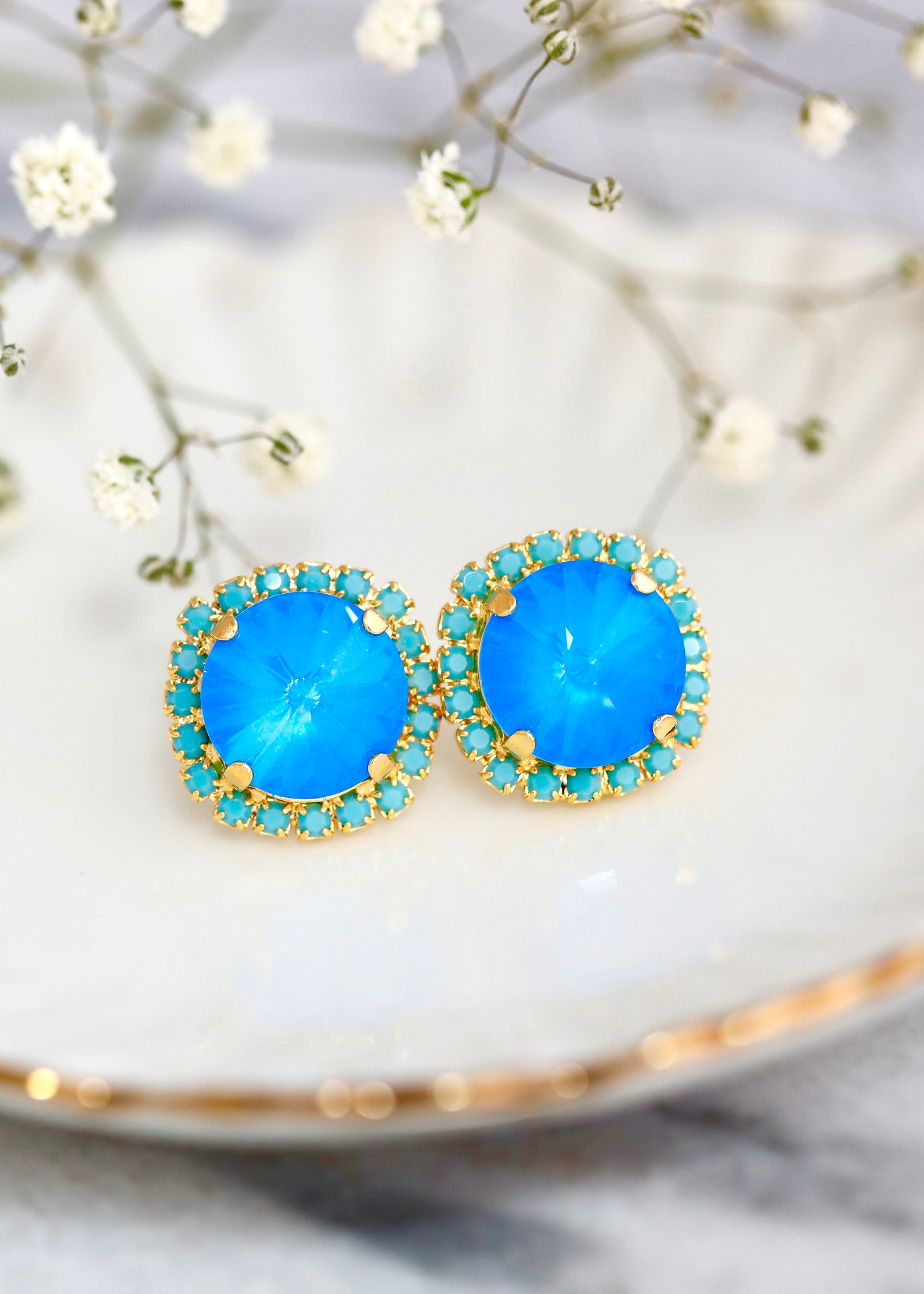Electric Blue Stud Earrings, Neon Blue Austrian Crystal Earrings, Azure ...