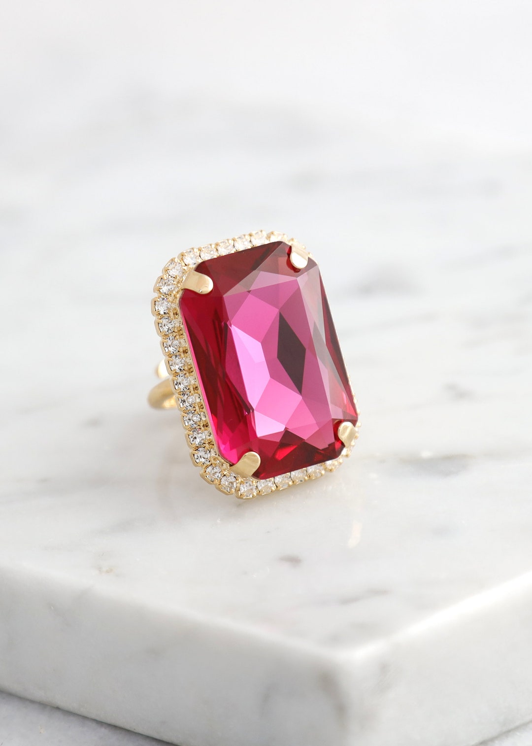Fuchsia Cocktail Crystal Ring, Hot Pink Statement Crystal Ring, Fuchsia ...