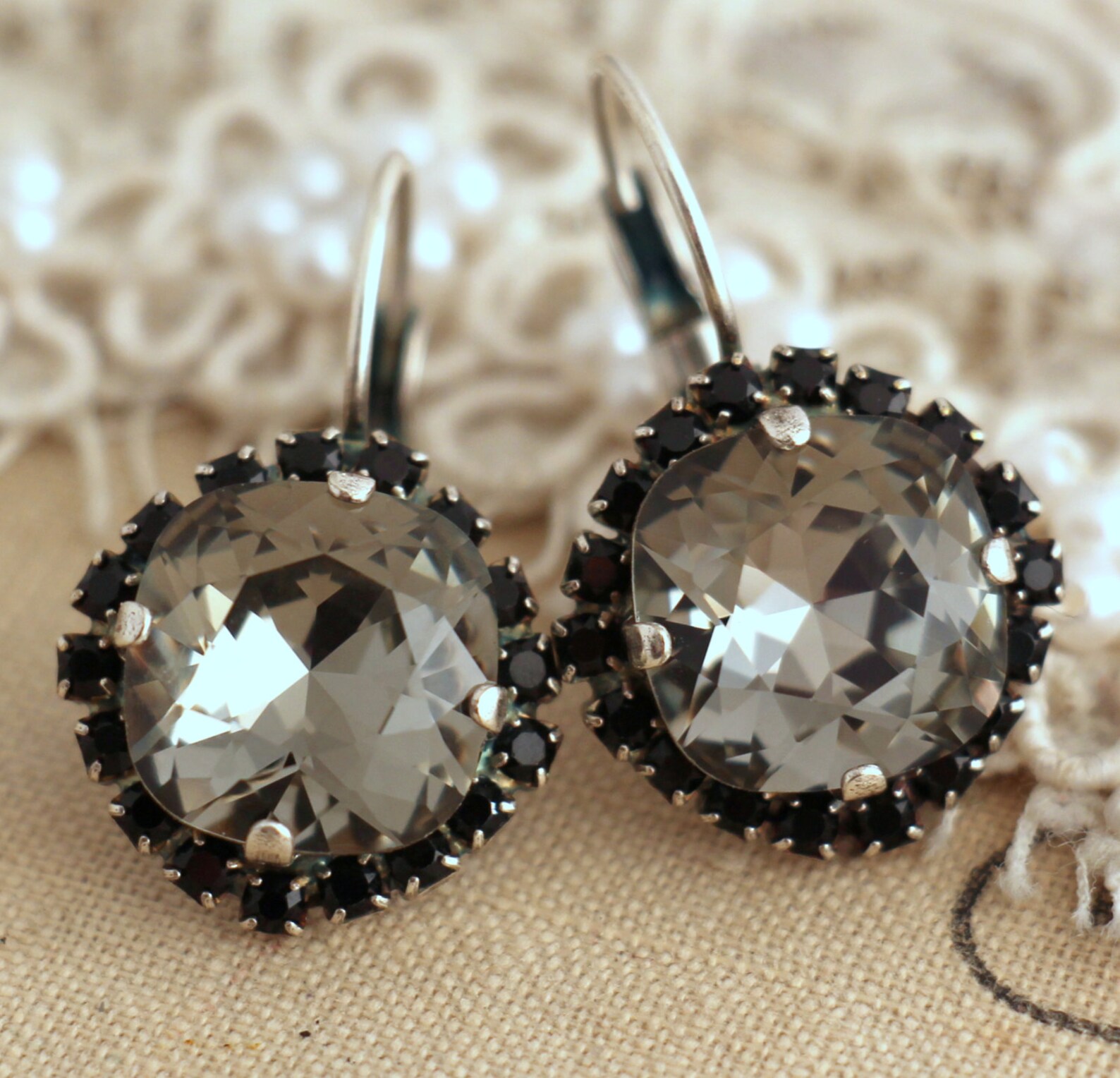 Gray Silver Drop Earrings, Gray Crystal Drop Earrings, Black Gray ...