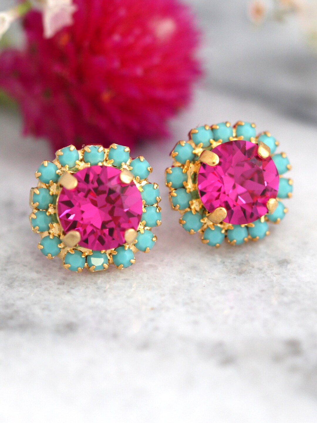 Pink Earrings, Pink Turquoise Studs, Fuchsia Crystal Stud Pink Earring ...