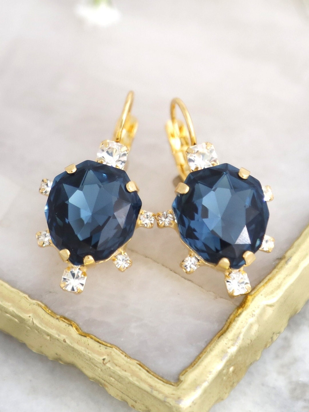 Blue Navy Drop Earrings, Bridal Blue Navy Crystal Earrings, Dark Blue ...