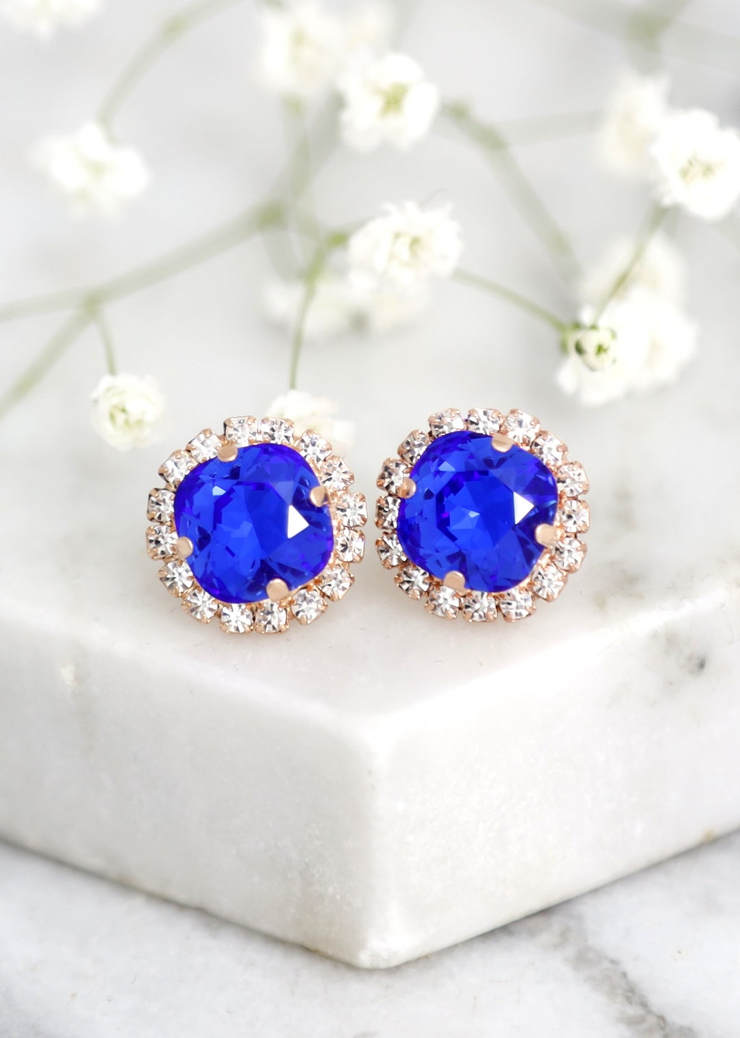 Royal Blue Stud Earrings, Blue Crystal Stud Earrings, Blue Sapphire ...