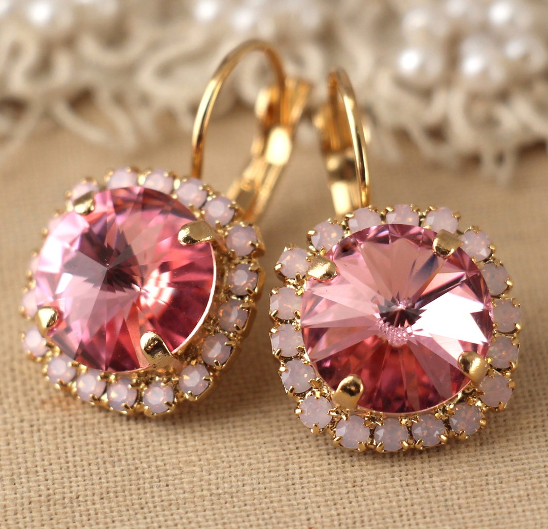 Pink Drop Earrings, Pink Rose Crystal Earrings, Light Pink Earrings ...