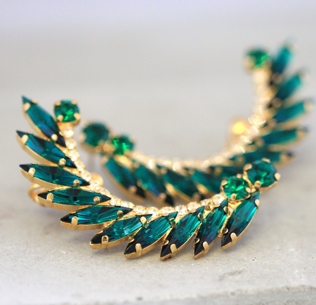 Emerald Green Ear Cuff Earrings, Bridal Climbing Crystal Earrings ...
