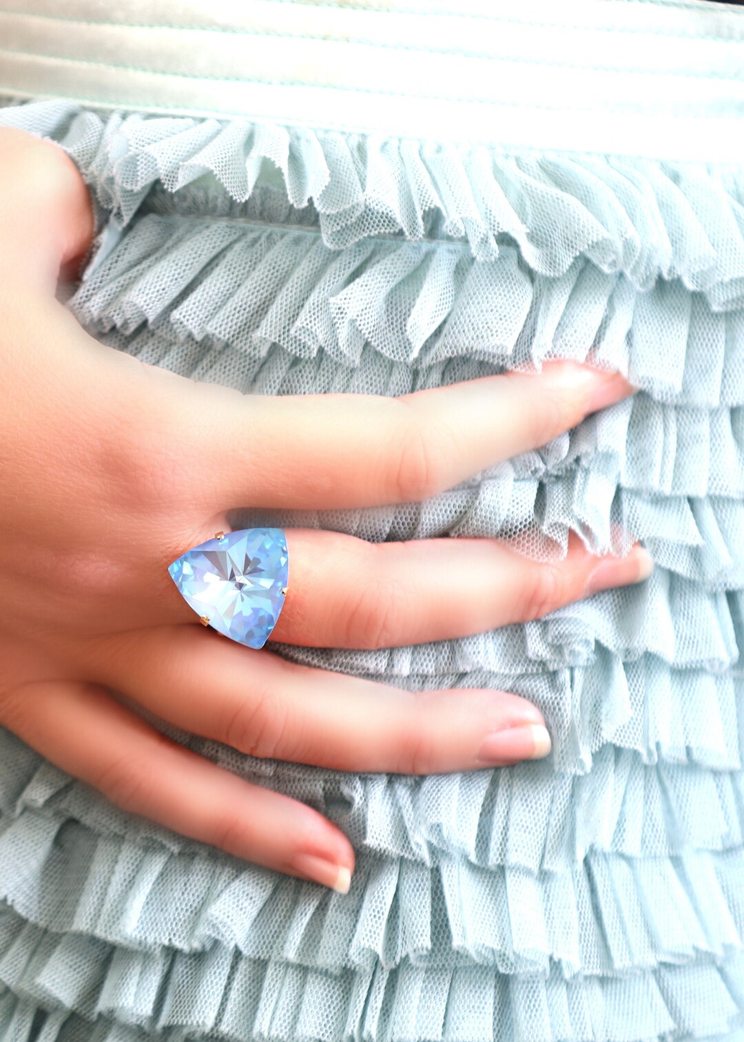Blue Cocktail Crystal Ring, Statement Gold Blue Crystal Ring, Light ...