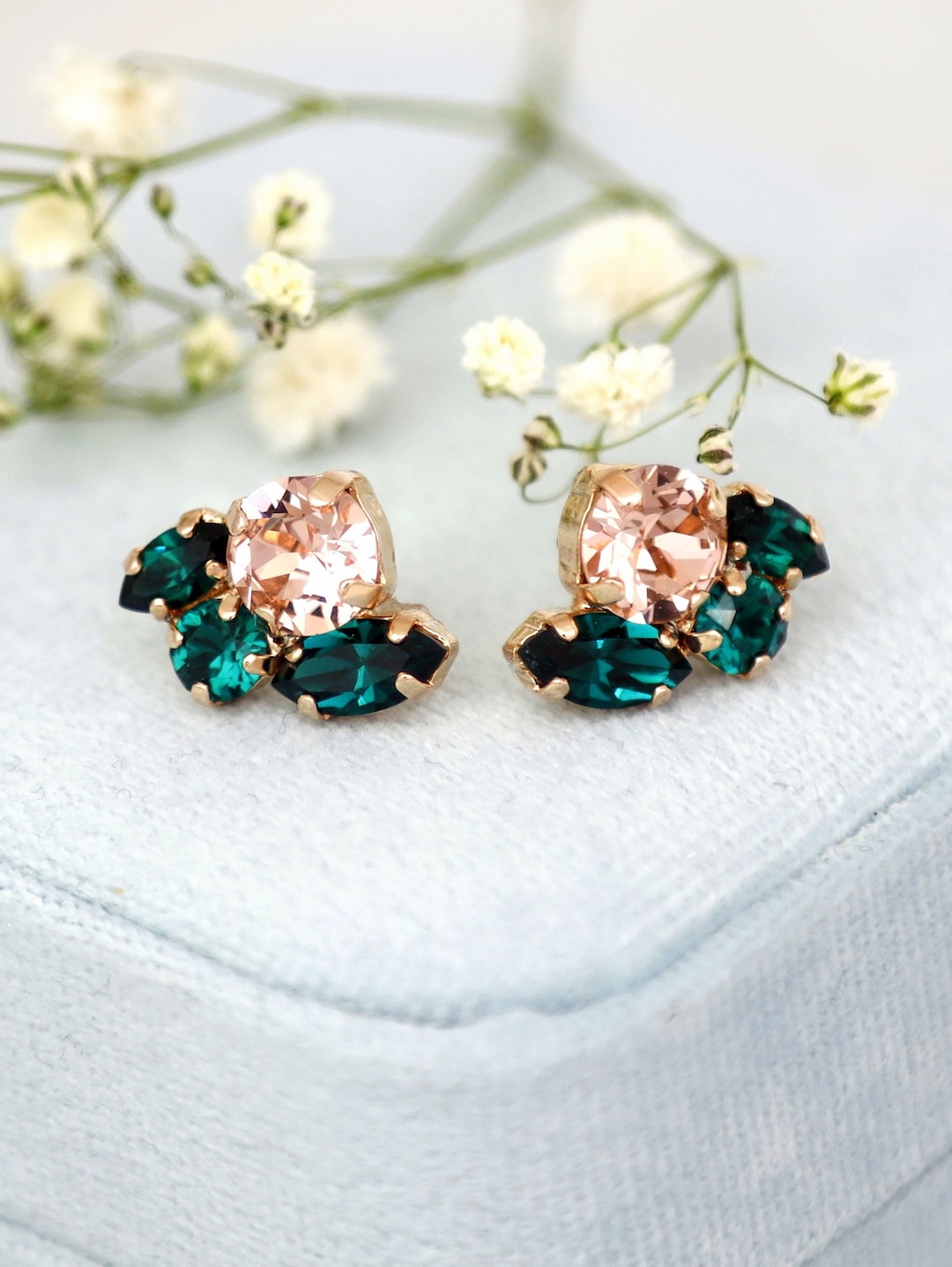 Blush Green Stud Earrings, Blush Rose Emerald Green Crystal Earrings ...