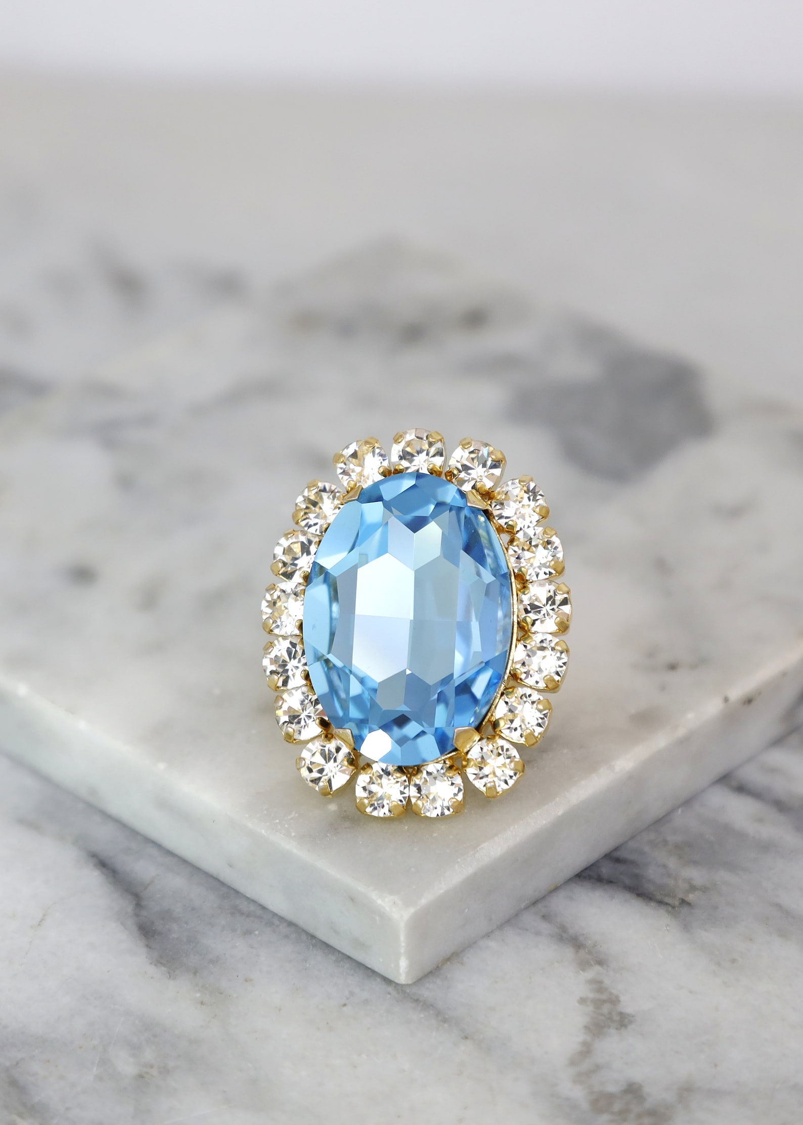 Cocktail Ring, Aquamarine Cocktail Crystal Ring, Statement Blue Crystal ...