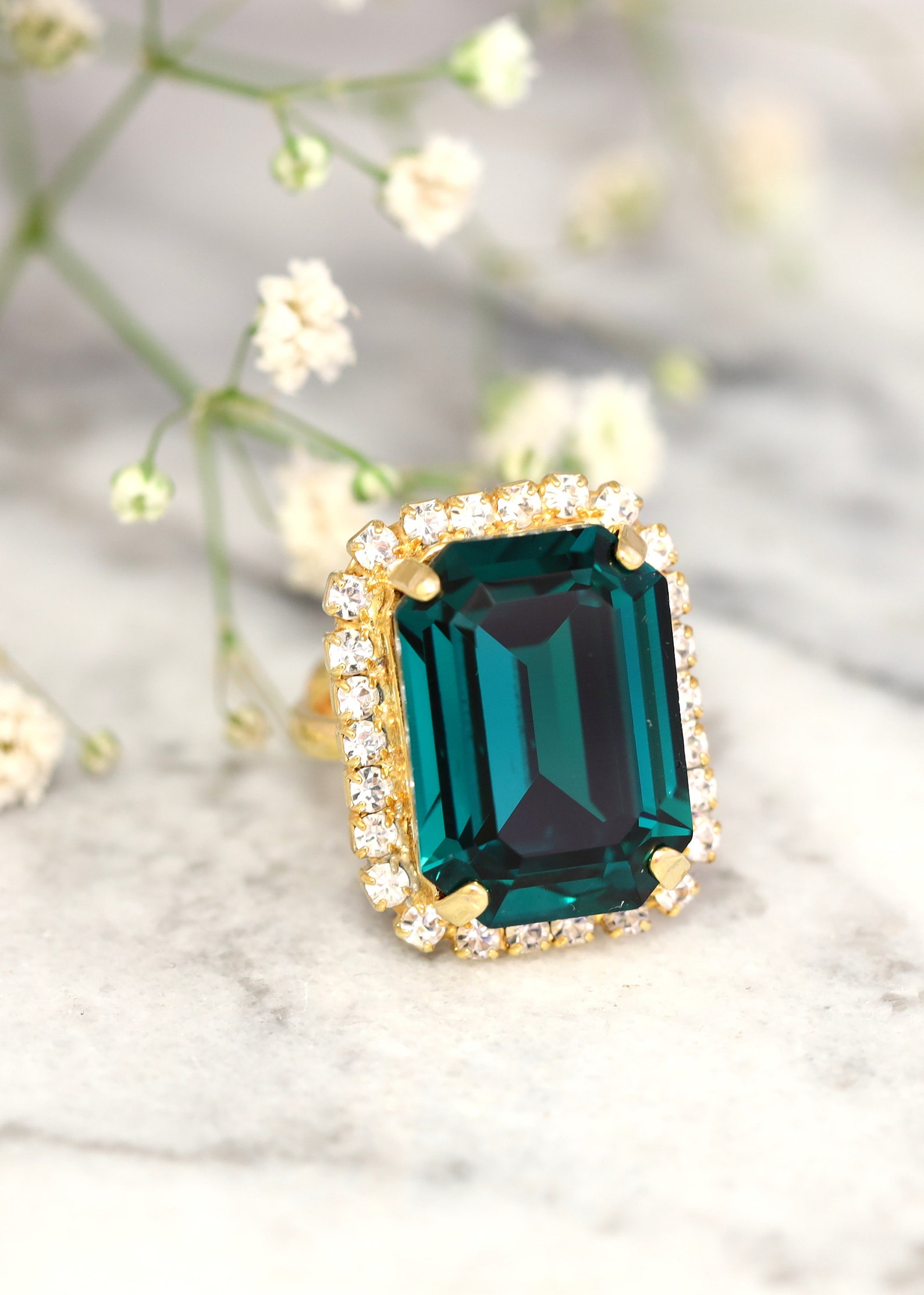 Emerald Cocktail Ring, Emerald Crystal Ring, Statement Gold Crystal ...