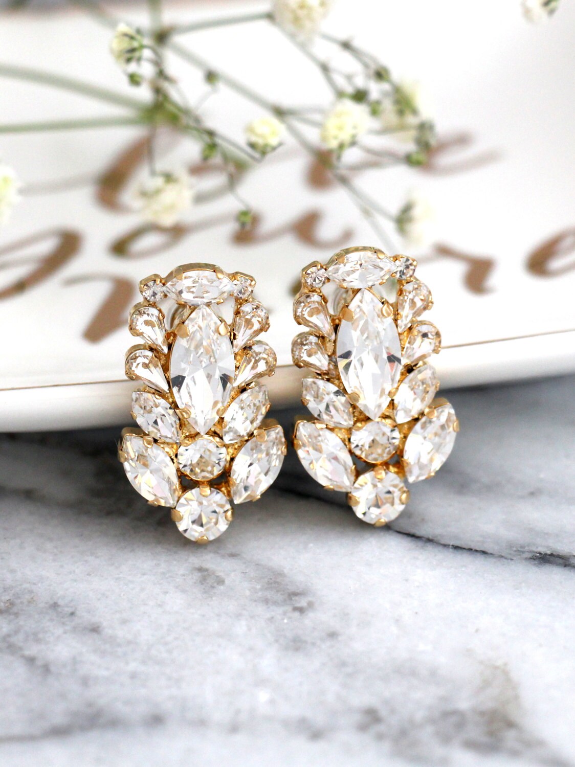 Bridal Crystal Earrings Clear Crystal Cluster Earrings Art - Etsy