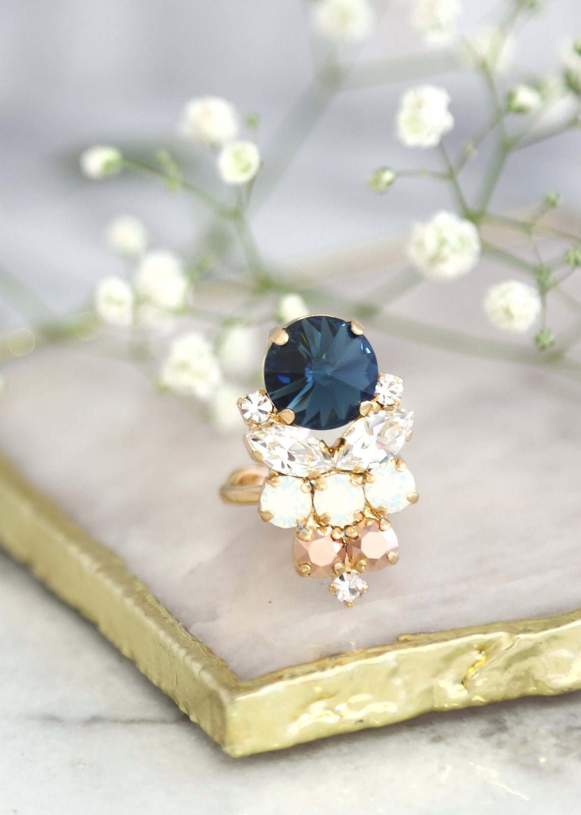 Blue Navy Ring Dark Blue Navy Cocktail Ring Crystal - Etsy