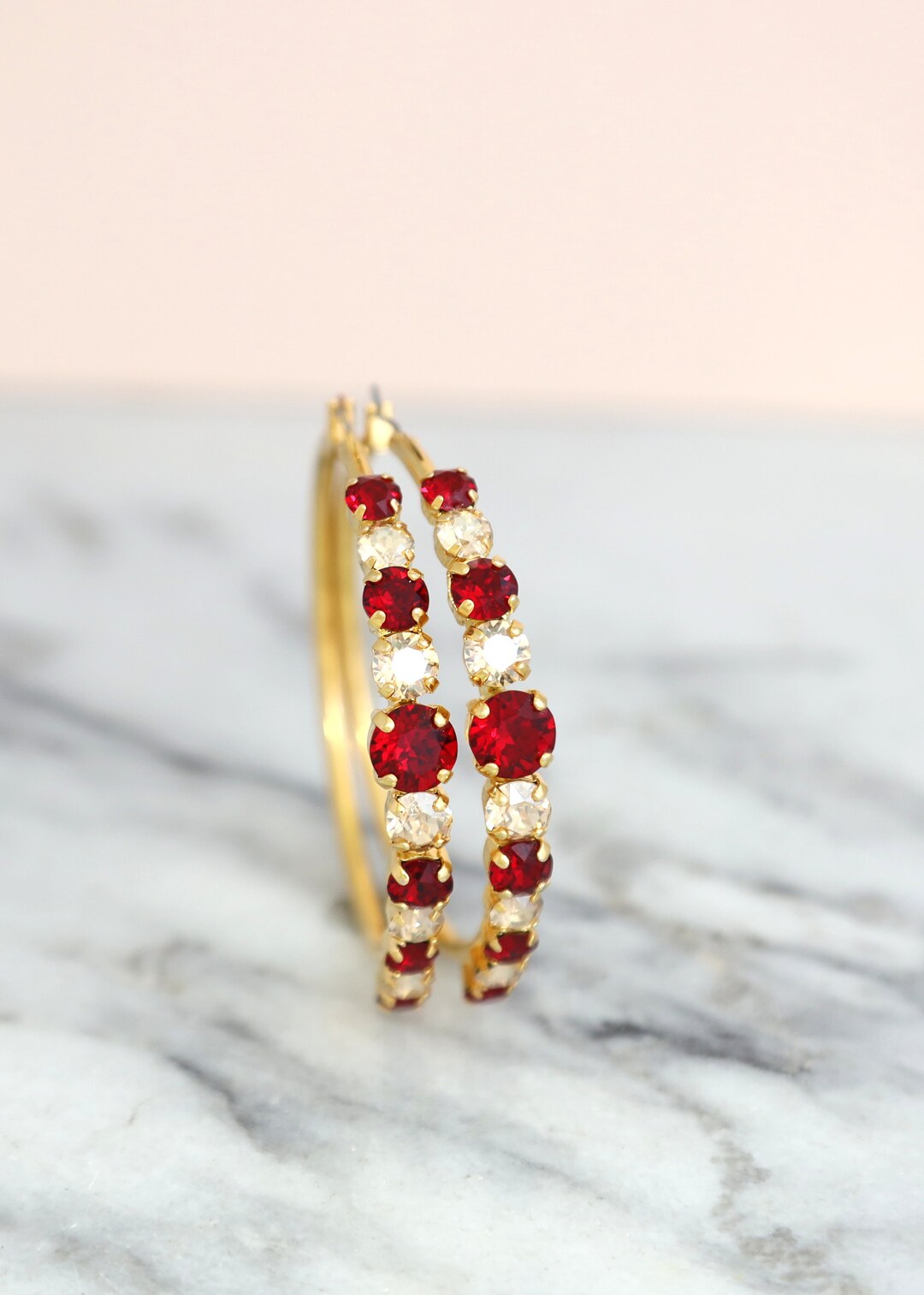 Red Gold Earrings, Red Ruby Crystal Hoop Earrings, Oversize Hoop ...