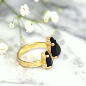 Black Cocktail Ring, Black Gold Crystal Adjustable Ring, Crystal ...