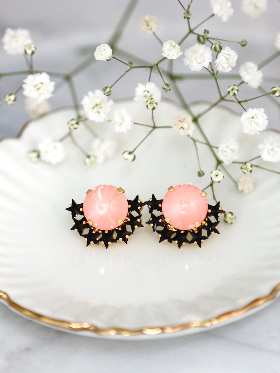 Pink Stud Earrings, Pink Black Crystal Stud Earrings, Pink Flamingo ...
