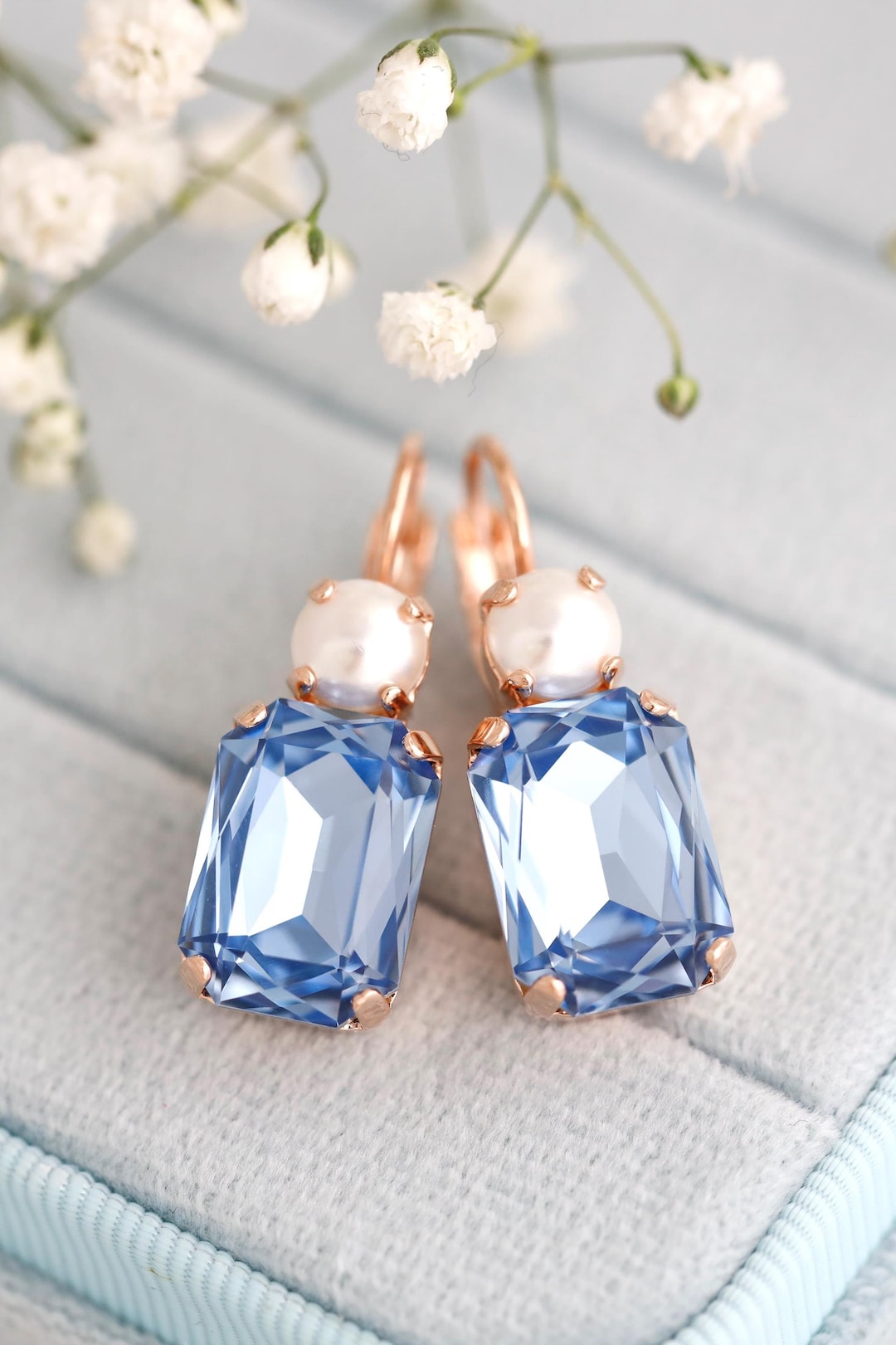 Bridal Blue Earrings, Light Blue Crystal Earrings, Pearl Blue Light ...