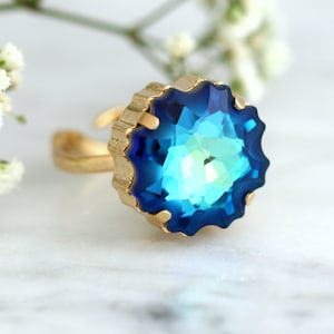Blue Cocktail Crystal Ring, Statement Crystal Ring, Cocktail Ring, Blue ...