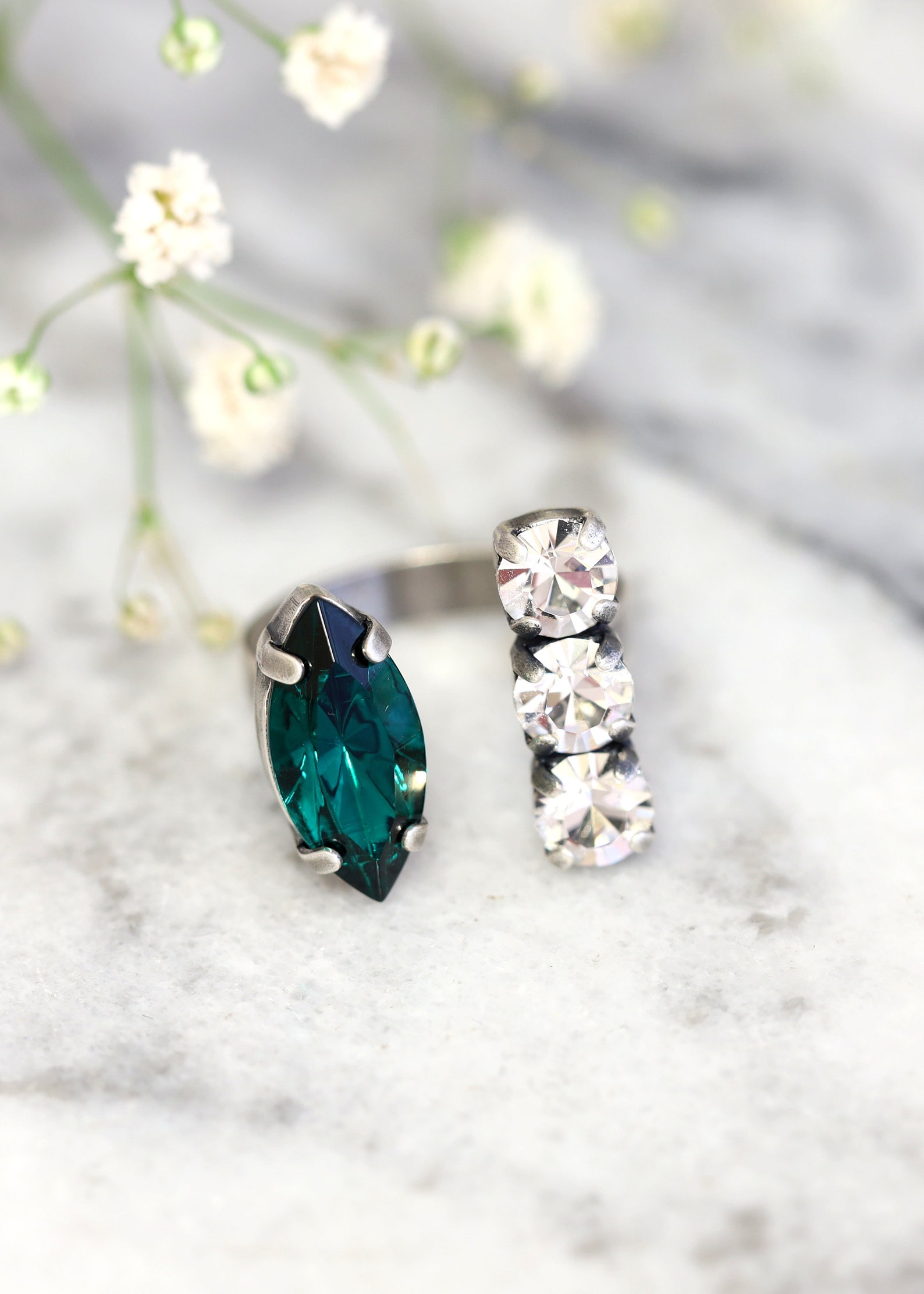 Emerald Crystal Ring, Emerald Cocktail Ring, Green Emerald Open Crystal ...