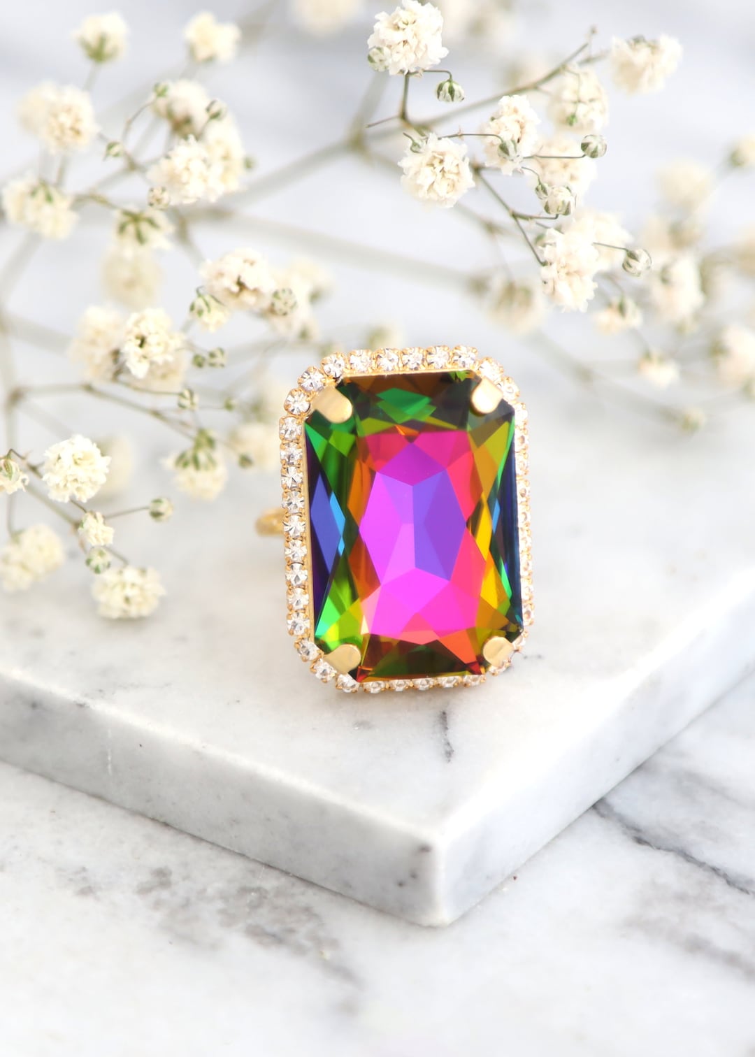 Cocktail Crystal Ring, Statement Rainbow Crystal Ring, Multicolor ...